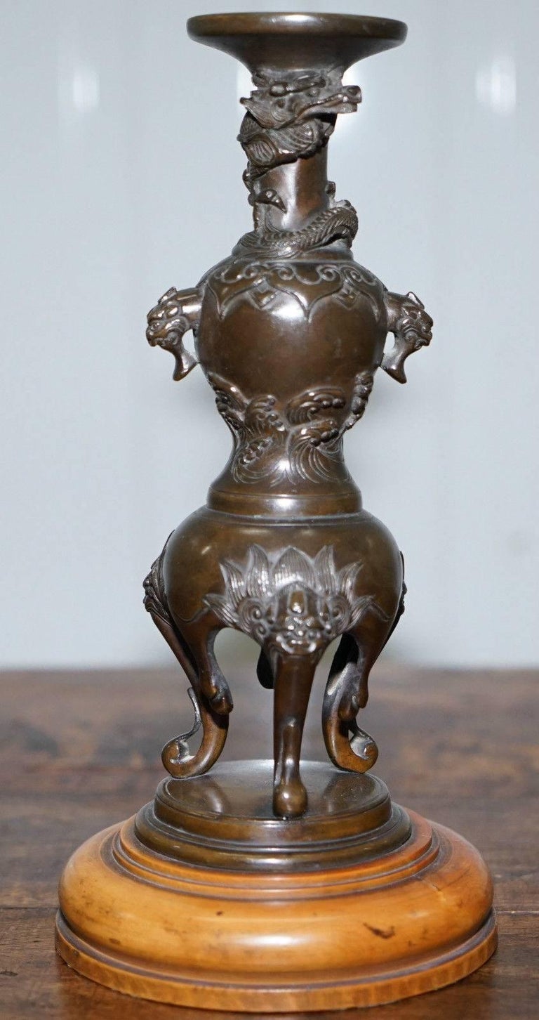 Rare Japanese Meiji Period circa 1870 Pair of Bronze Dragon Candlestick ...