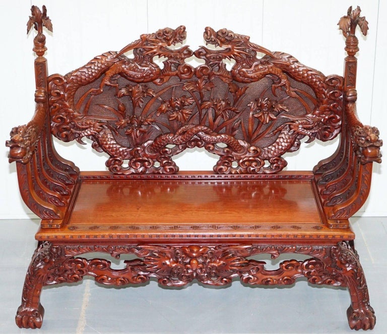 Rare Chinese Export Hand Carved Dragon Bench Chair Solid Teak Redwood ...