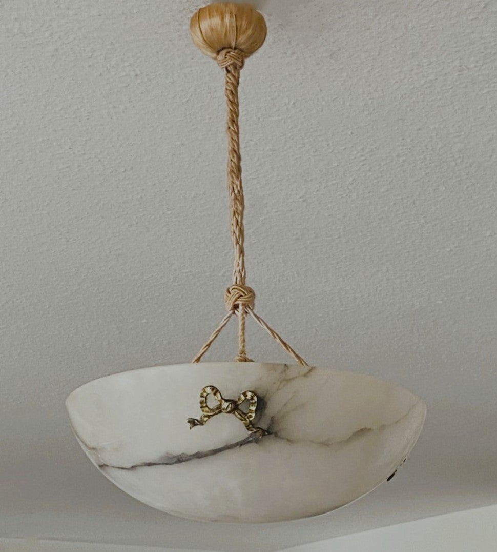 Large French Art Deco, Black and White Alabaster and Silk Cord Light ...