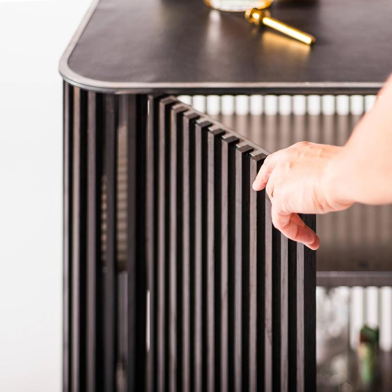 Dry Bar in Oiled Laser-Cut Steel Frame with Black Oak Slats and Leather ...