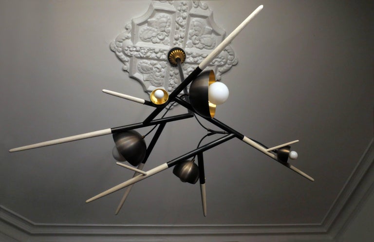 Iris, Customizable Contemporary Chandelier with Handmade Wood Spindles ...