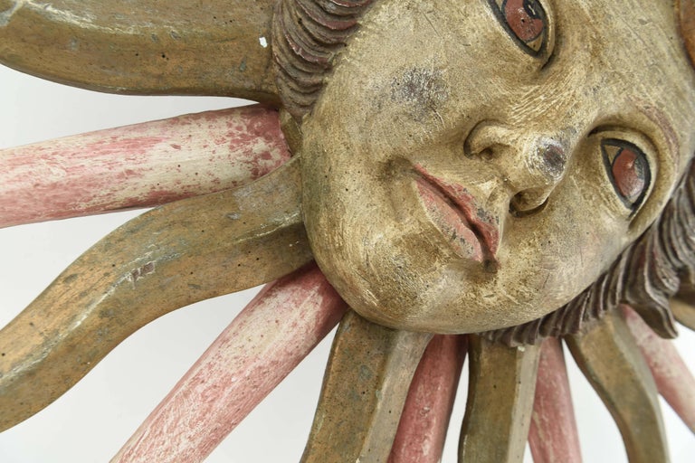 Carved Wood and Painted Sun Sculpture For Sale at 1stDibs