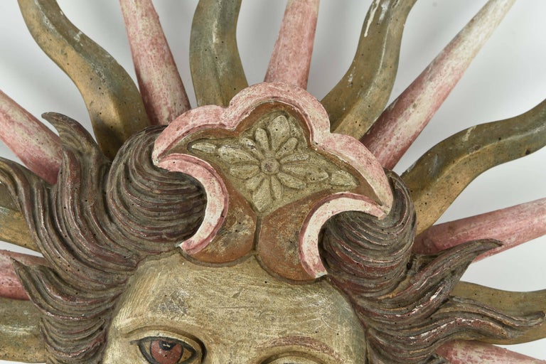 Carved Wood and Painted Sun Sculpture For Sale at 1stDibs