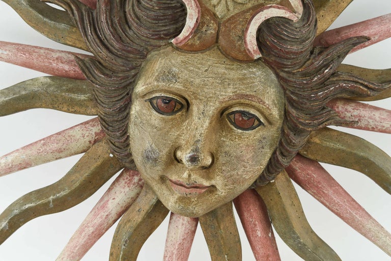 Carved Wood and Painted Sun Sculpture For Sale at 1stDibs