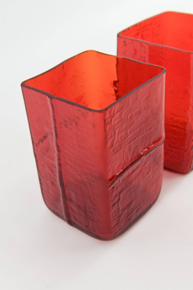 Pair of Danish Holmegaard Red Square Art Glass Vases For Sale at 1stDibs
