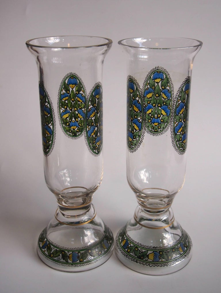 Bohemian Art Deco Pair of Fachschule Haida Enamel Glass Vases circa ...