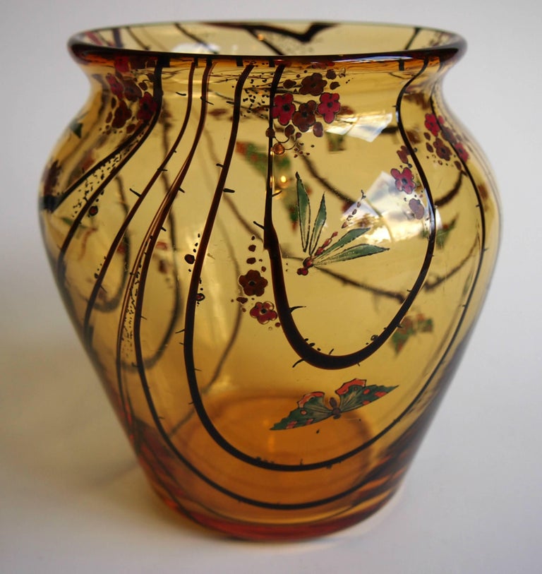 Art Deco Stuart Amber/Frond Enamelled Glass Vase w/Butterflies and ...