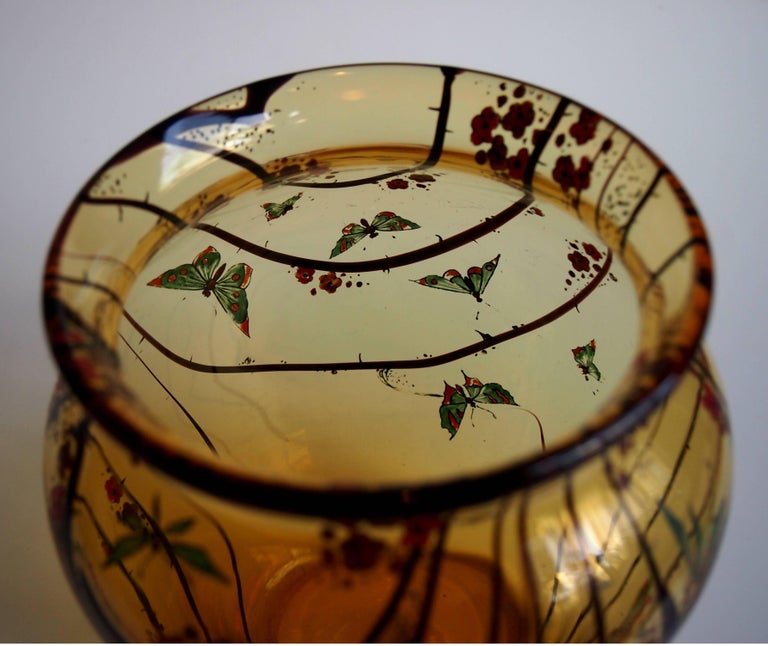 Art Deco Stuart Amber/Frond Enamelled Glass Vase w/Butterflies and ...