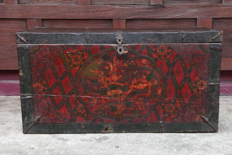 Tibetan Storage Trunk or Box with Gesso Painting of Dragons For Sale at ...