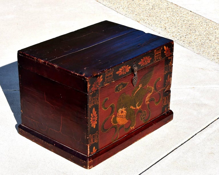 Large Painted Box with Foo Dog, Antique Trunk at 1stDibs
