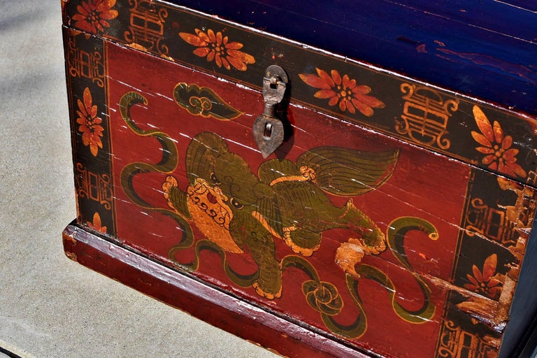 Large Painted Box with Foo Dog, Antique Trunk at 1stDibs