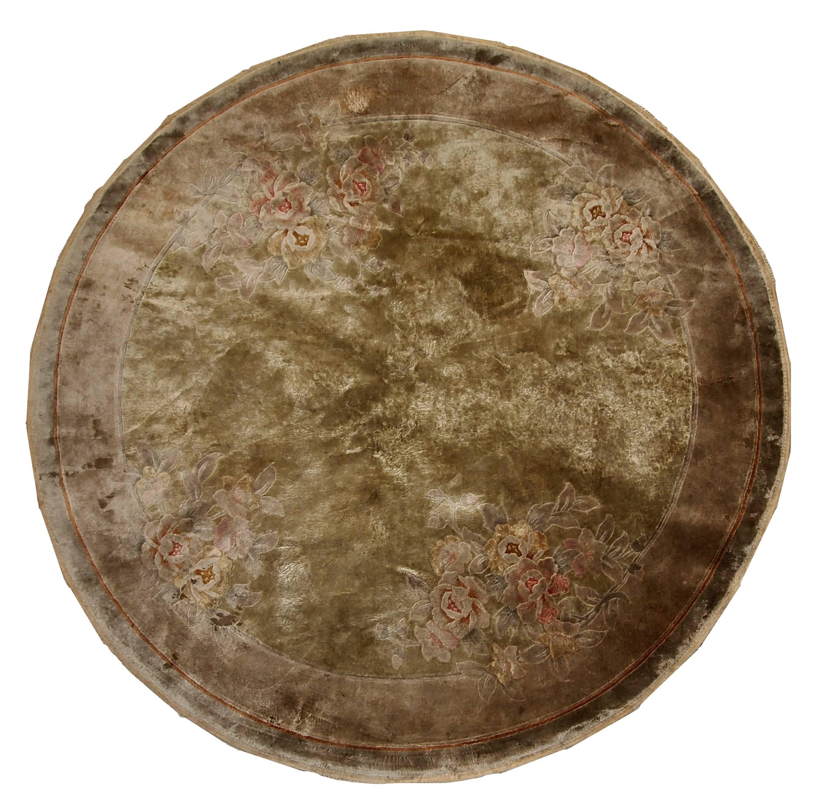 Handmade Vintage Silk Art Deco Style Chinese Round Rug, 1980s, 1C301 at ...