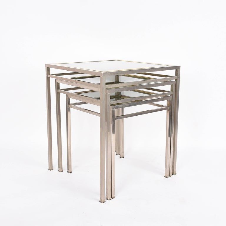 Midcentury Metal, Brass and Smoked Glass Extractable Coffee Tables ...