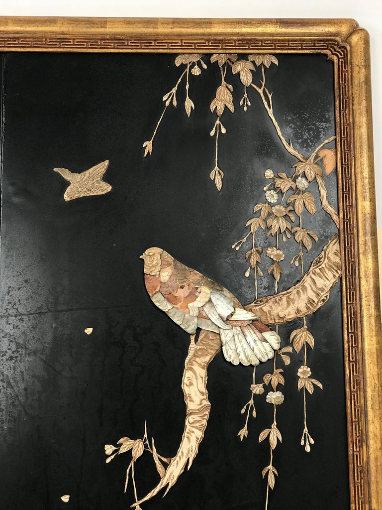 Japanese Lacquered Panel with Inlaid Mother-of-Pearl Bird Design at 1stDibs