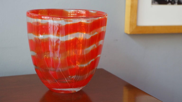 Murano Glass Swirl Red Striped Vase at 1stDibs