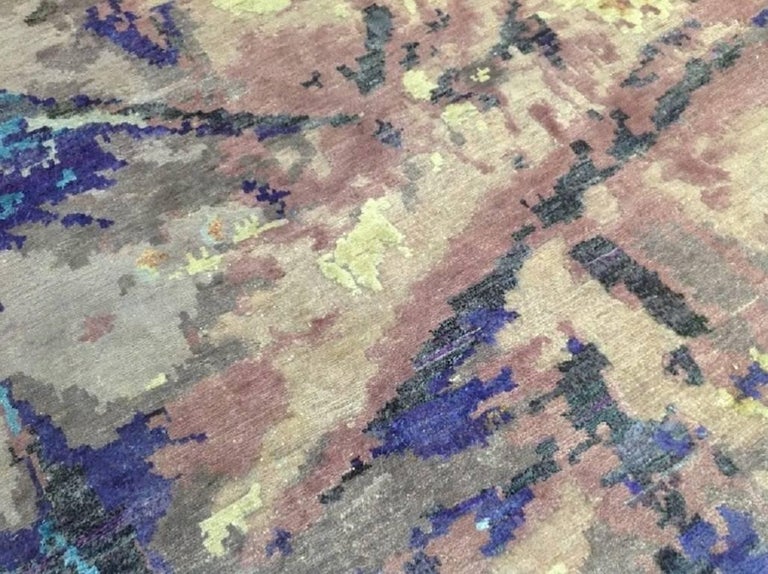 Modern Turquoise Blue Purple and Gold Hand-knotted Wool and Silk Rug in ...