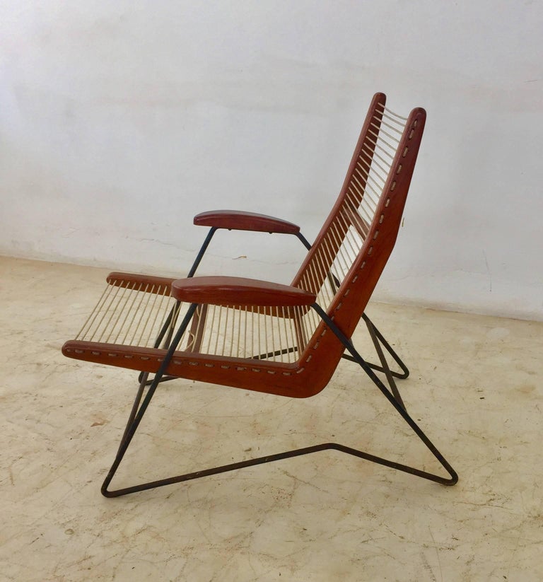 Mid-Century Modern Armchair with Iron Structure and Wood and String ...