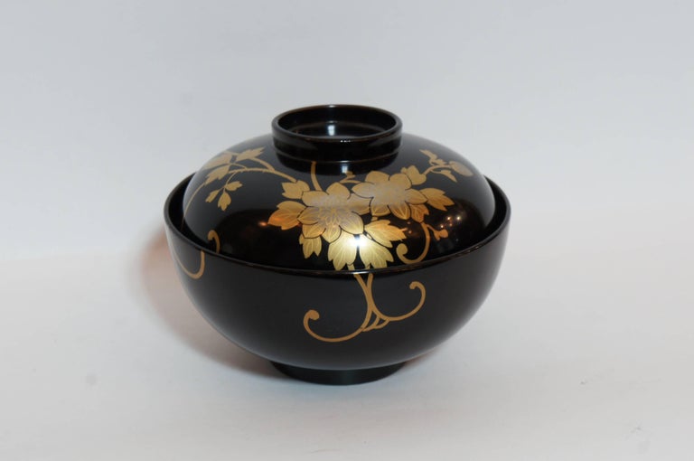 Japanese Black Lacquer with Gold Flower Motif on Wajima-Nuri Soup ...