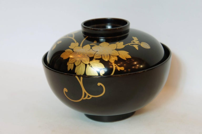 Japanese Black Lacquer with Gold Flower Motif on Wajima-Nuri Soup ...