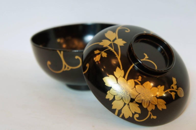 Japanese Black Lacquer with Gold Flower Motif on Wajima-Nuri Soup ...