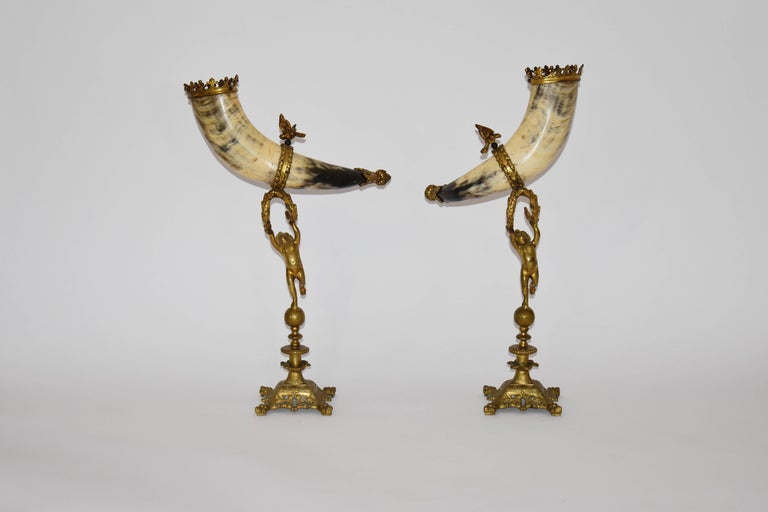 Antique Cornucopia Buffalo Horns Mounted with Gilt Bronze Putti For ...