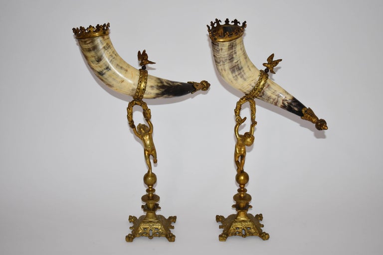 Antique Cornucopia Buffalo Horns Mounted with Gilt Bronze Putti For ...