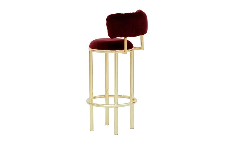 1920s Style Polished Brass and Velvet Bar Stool West Egg at 1stDibs