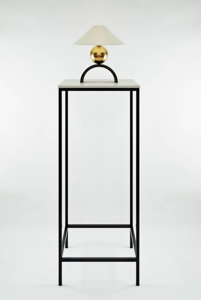 Contemporary U Lamp with Geometric Arched Steel, Brass Sphere and Linen ...