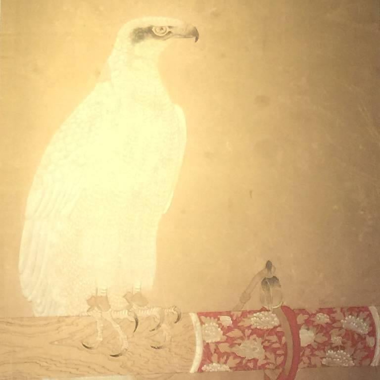 Japanese Screen Painting Falcon Three Screens White Falcon Black Falcon ...