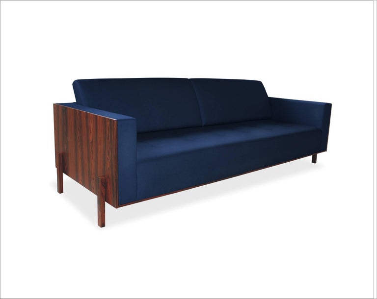 "Lina" Sofa Minimalist Style in Blue Velvet and Pau Ferro Brazilian ...