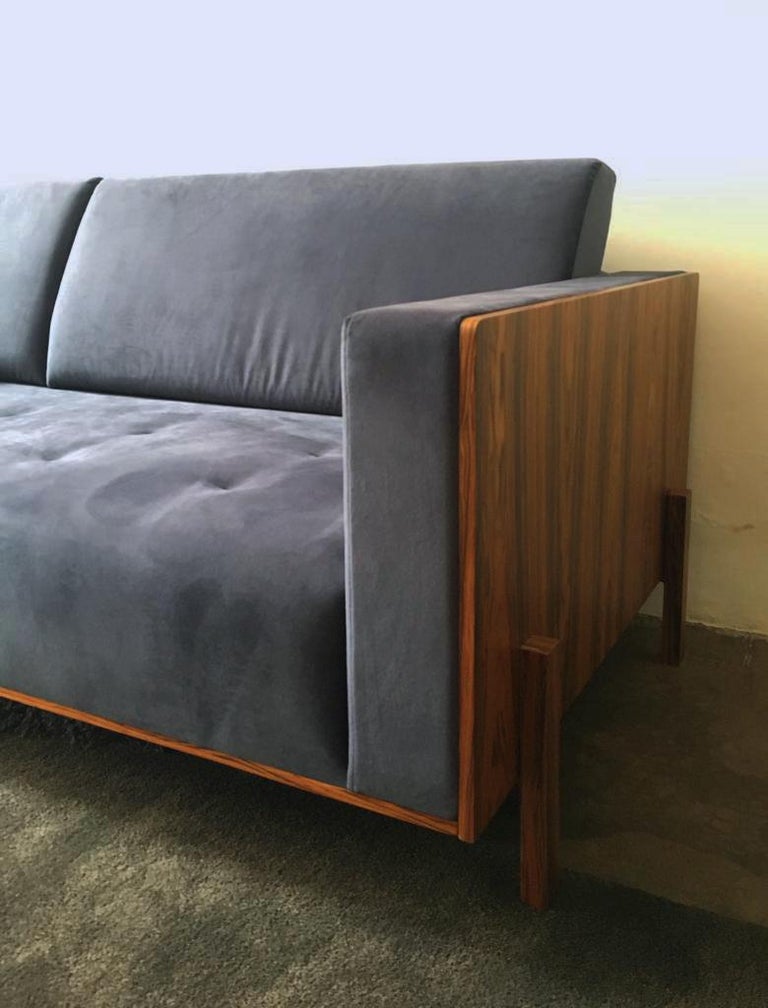 "Lina" Sofa Minimalist Style in Blue Velvet and Pau Ferro Brazilian ...