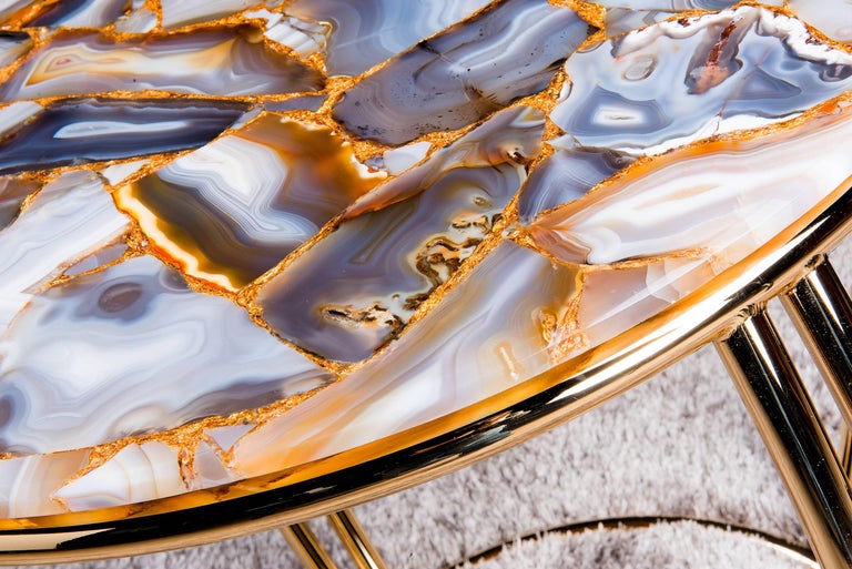 Side Table Model Arco, Agate Rubane Top and Massive Stainless Steel ...
