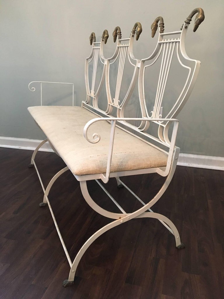 Samuel Copelon Lyre Back Regency Swan Head X-Form Wrought Iron Bench at ...