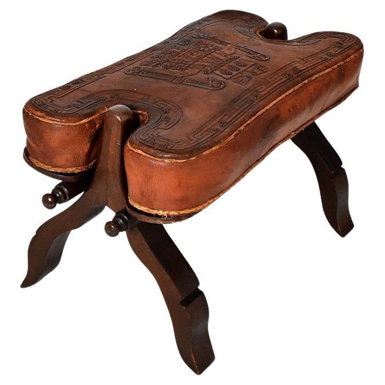 Vintage Midcentury Peruvian Embossed Saddle Leather Ottoman, 1960s at ...