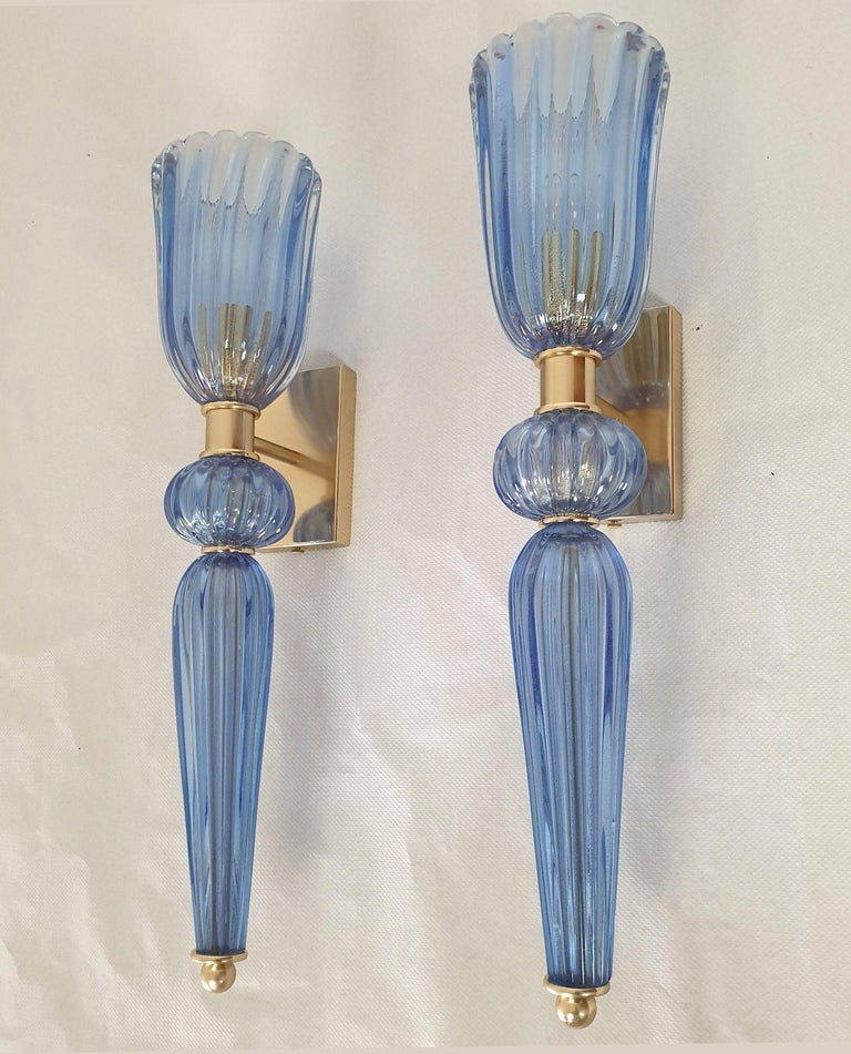 Mid Century Large Light Blue Murano Glass Sconces, Barovier Style - a ...