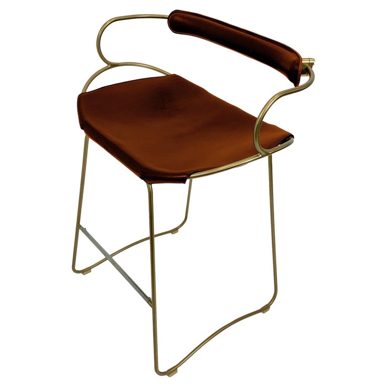 Organic Kitchen Counter Bar Stool w. Backrest Brass Metal and Cognac ...