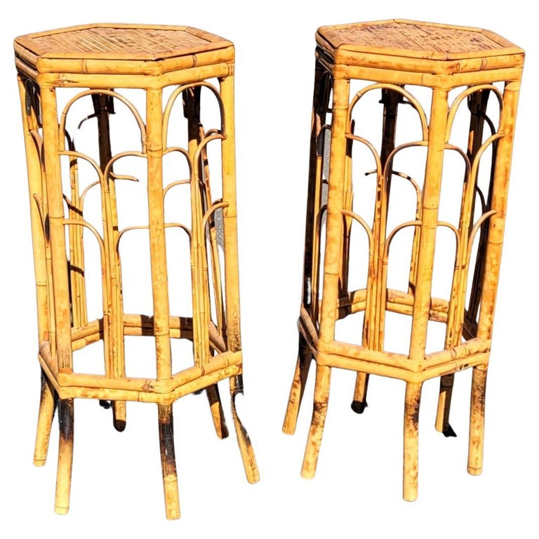 Vintage Mid-Century Hexagonal Bamboo Pedestals Plant Stands, a Pair For ...