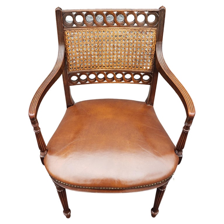Midcentury Regency Mahogany Leather Seat with Cane Back Armchair at 1stDibs