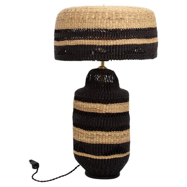 Contemporary Ethnic Patterned Table Lamp Handwoven Straw Black For Sale ...