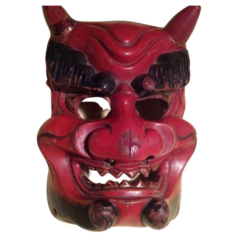 Antique, Danced, Japan/Japanese Wooden Ao-Oni Mask Annual Setsubun "Devil" For Sale at 1stDibs