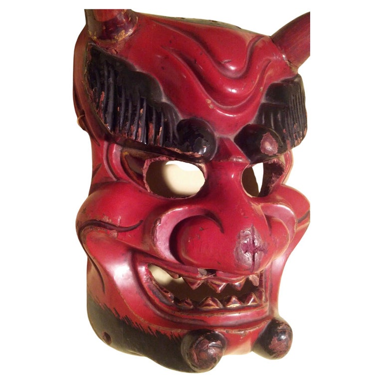 Antique, Danced, Japan/Japanese Wooden Ao-Oni Mask Annual Setsubun "Devil" For Sale at 1stDibs