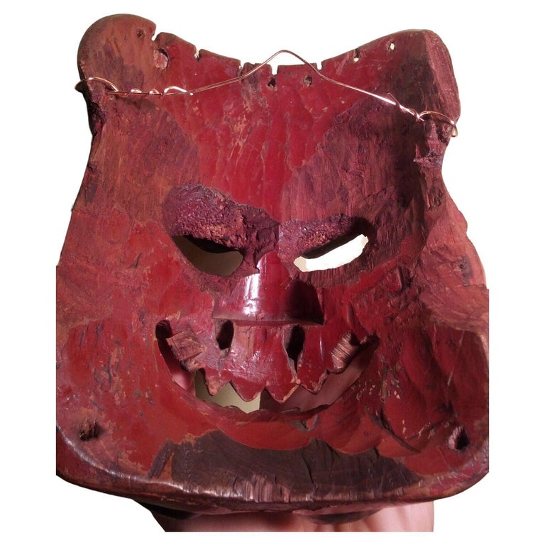 Antique, Danced, Japan/Japanese Wooden Ao-Oni Mask Annual Setsubun ...