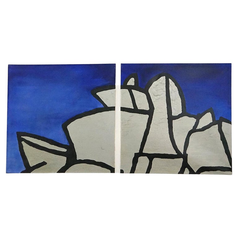 Abstract Architectural Diptych by Richard Sladden Vintage Oil on Canvas ...