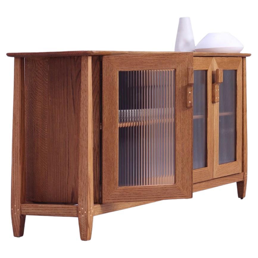 Mid-Century Modern Solid Wood Oak Storage Credenza Cabinet with, Brass ...