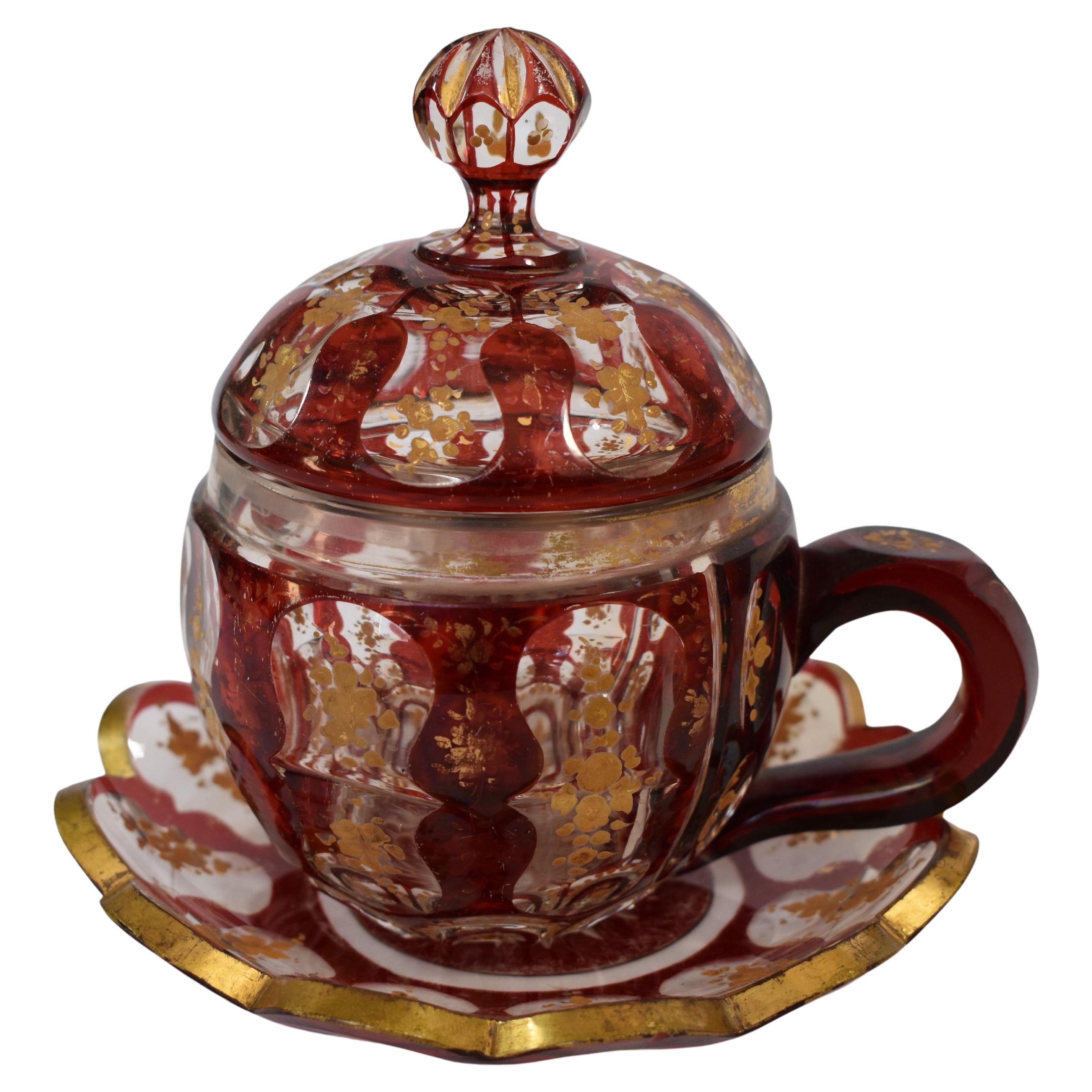 Antique Bohemian Ruby Glass Gold Paint Horse Flower Motive 19th Century ...