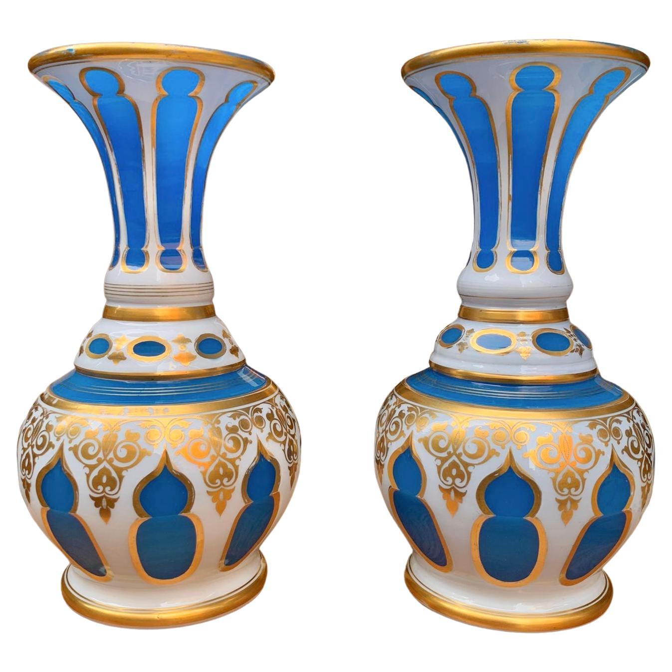 Pair of Bohemian White Tall Overlay Crystal Glass Vases at 1stDibs ...