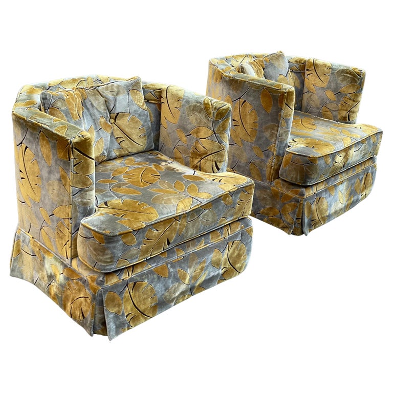 Geometric Milo Baughman Style Gold Velvet Swivel Club Chairs, a Pair ...