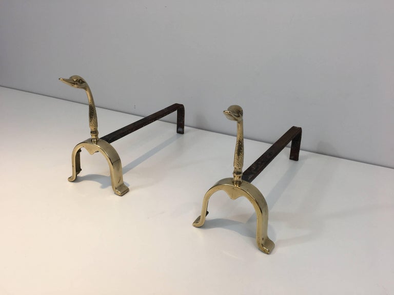 French 1940s Brass 'Mallard Duck' Form Andirons For Sale at 1stDibs
