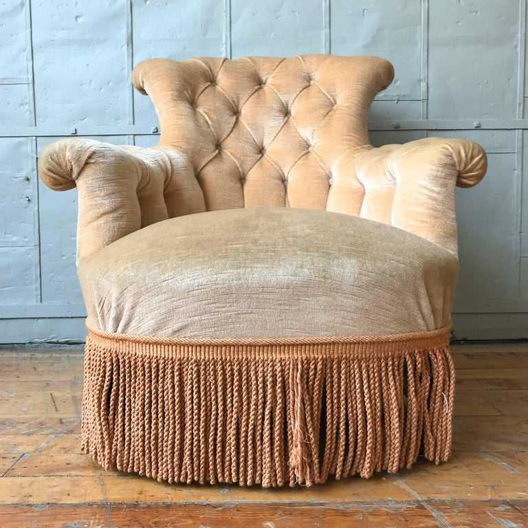 Pair of Tufted French Armchairs with Fringe at 1stDibs