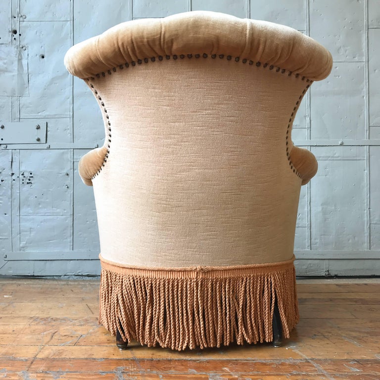 Pair of Tufted French Armchairs with Fringe at 1stDibs